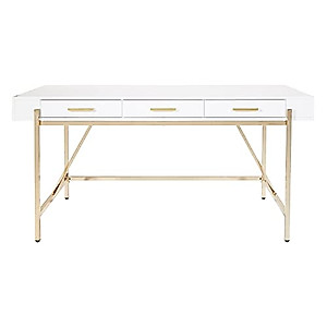 OSP Home Furnishings Broadway Modern Executive Desk with 3 Drawers and Charging Station, White Gloss Finish and Gold Frame