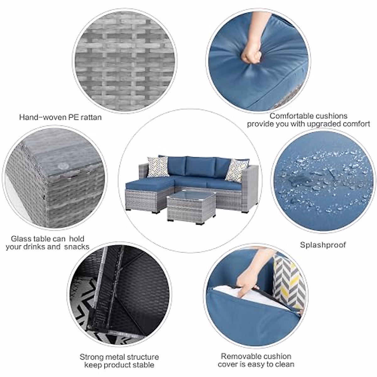 Shintenchi Patio Furniture Sets 3 Pieces Outdoor Sectional Sofa Silver All-Weather Rattan Wicker Sofa Small Patio Conversation Couch with Washable Cushion and Glass Table(Aegean Blue)