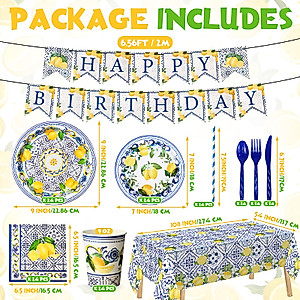 Potchen 194 Pcs Capri Lemon Birthday Party Supplies Lemon Disposable Tableware Set Capri Lemon Banner Paper Plates Napkins Cups Cutlery Tablecloth for Bridal Shower Party Decor, Serves 24 Guests