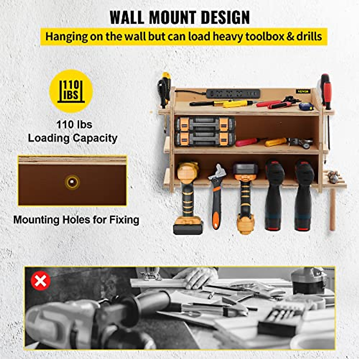 VEVOR Power Tool Organizer, Wall Mounted Drill Holder, 5 Drill Hanging Slots Drill Charging Station, 2-Shelf Cordless Drill Storage, Polished Plywood Toolbox for Saw, Impact Wrench, Screwdriver Drill