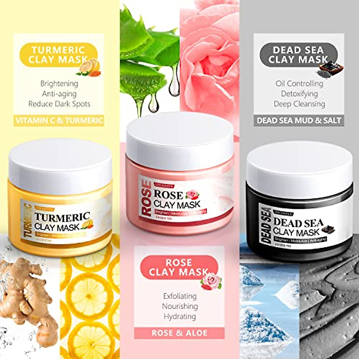 5 Pcs Face Mask Skin Care Set for Deep Pore Cleansing Turmeric Vitamin C Clay Mask, Dead Sea Mud Mask, Rose Clay Mask for Face Masks Skincare Personal Skin Care Products Gifts Headbands for Women