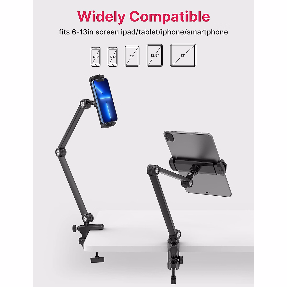 ULANZI Select Tablet Holder Desk Stand - HP006 Aluminum Tablet Mount for Bed Flexible Arm Multi-Angle 360° Rotation 2 Positioning Holes for 4.7''- 13'' Tablet
