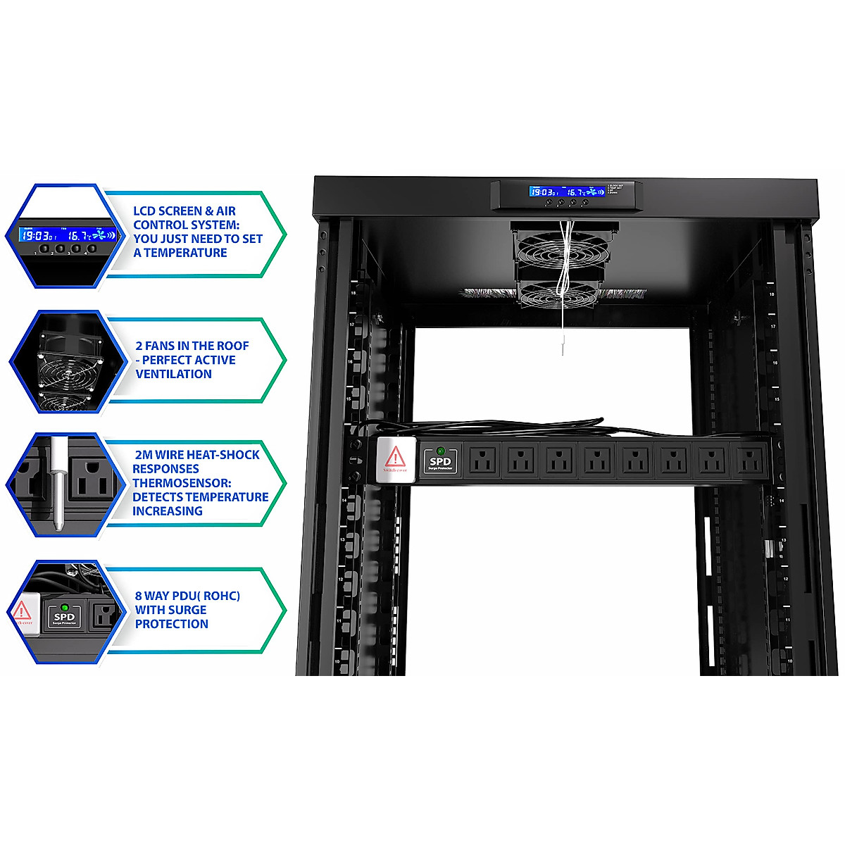 Sysracks 22U 35 inch Deep Server Rack Cabinet It Enclosure - Cooling Fans - LCD Screen - Thermostat - PDU - Casters - 2 Fans – Shelf