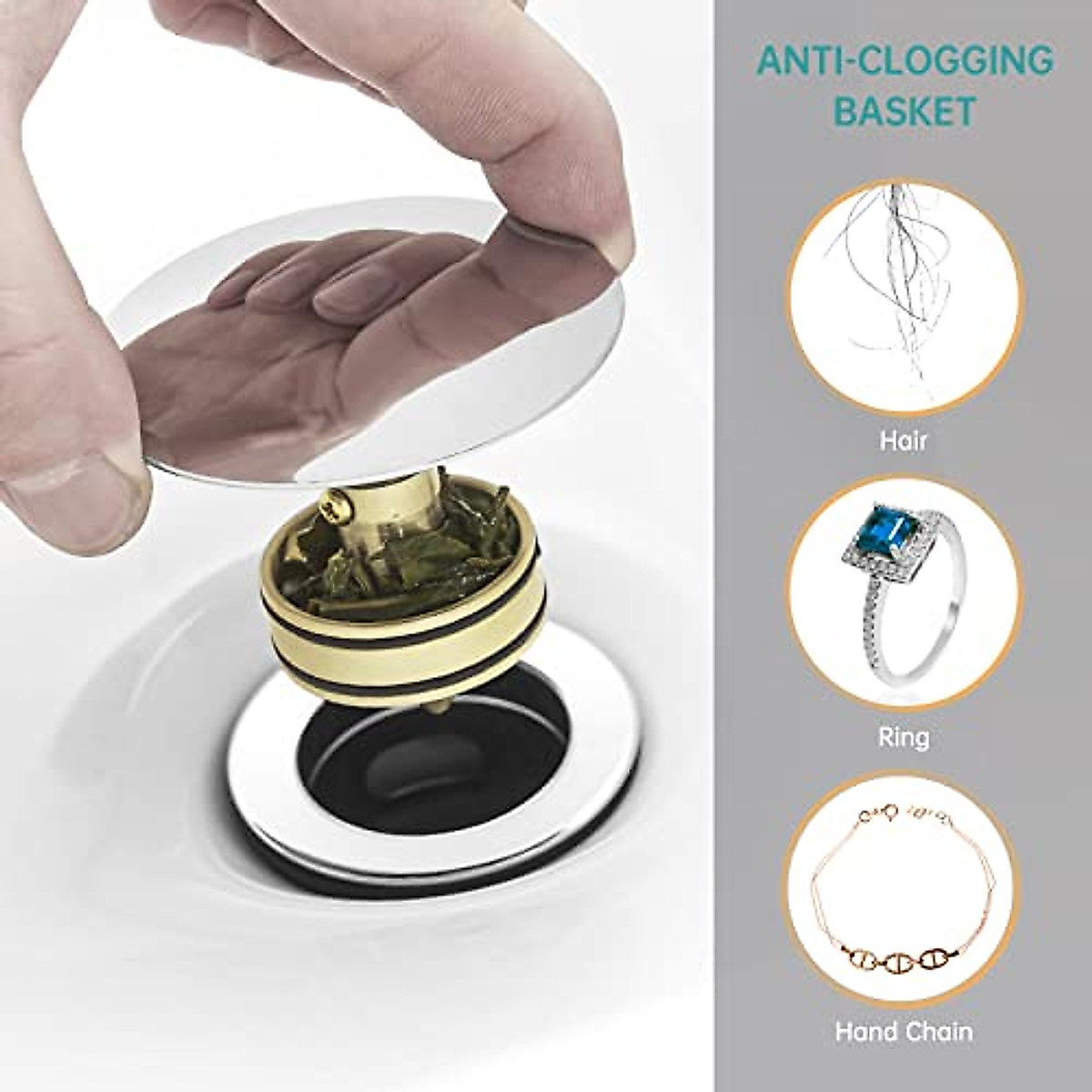 KUZOR 2 PCS Bathroom Sink Drain Assembly Pop Up Drain with Overflow Stainless Steel Chrome for Vessel Vanity with Detachable Built-in Anti-Clogging Strainer