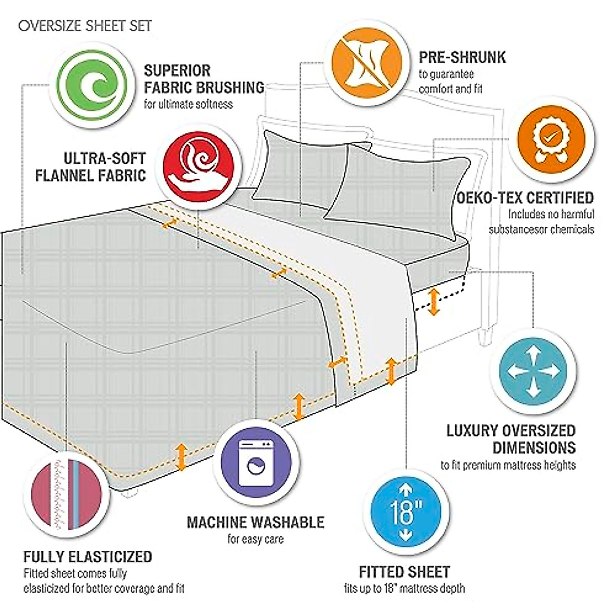 Beautyrest 100% Cotton Sheet Set Breathable Oversized Flannel, All Elastic Deep Pocket Fits Up to 16" Mattress - Cozy Warm Bed Sheets for Cold Weather, Cal King, Beige Windowpane 4 Piece