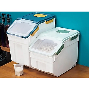 Qiveno Large Flour Storage Container Bin 25Lb, 2Pack Airtight Rice Storage Containers with Wheels Seal Locking Lid, BPA Free with Measuring Cup&Scoop for Flour, Rice, Grain(Blue)