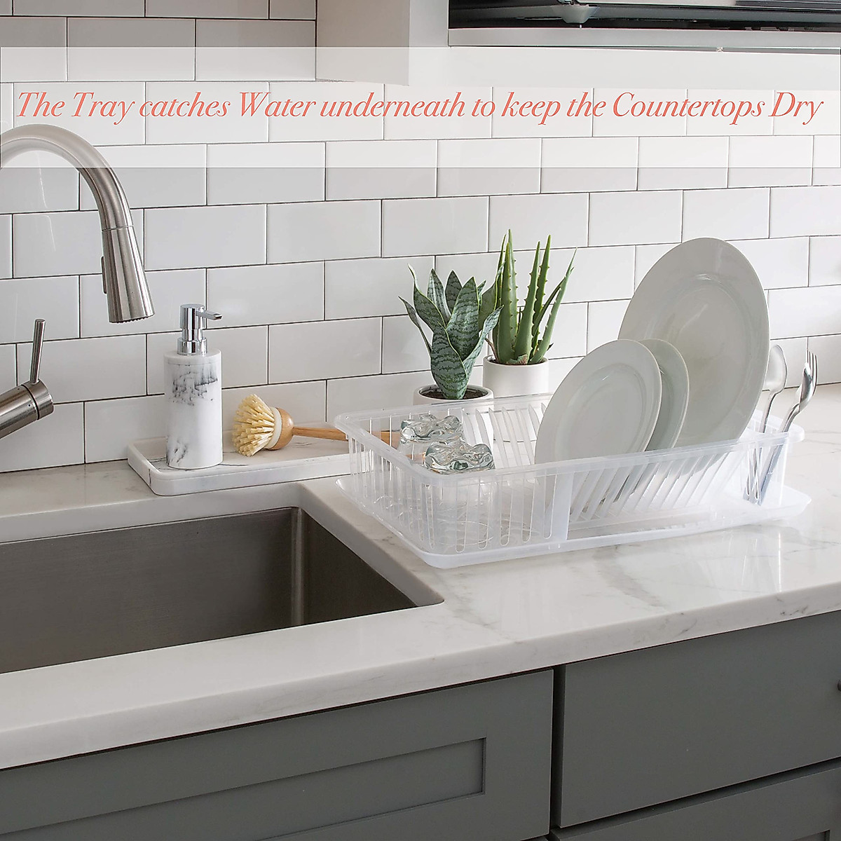 Kitchen Details Medium Dish Rack with Tray | Dimensions: 18.11" x 11.02" x 3.45" | Plastic | 12 Plate | Kitchen Accessories | Tray |Cutlery Basket | Clear | Sink Accessories | Clear