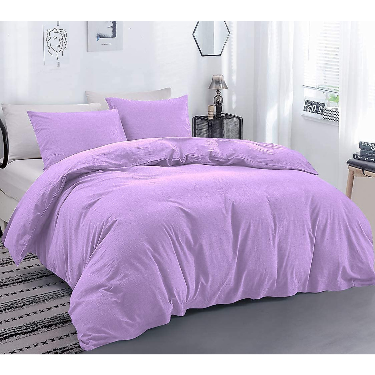 RRlinen 100% Natural Cotton 3 Piece Duvet Cover Set 600 TC Breathable, Lightweight Duvet/Comforter Cover with Pillow Shams Palatial King Size - Lilac Duvet Cover with Zipper Closure & 4 Corner Ties