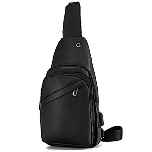 Men's Small Leather Sling Bags Water Resistant Travel Chest Shoulder Crossbody Bag with USB Black