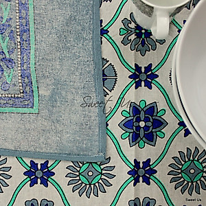 Sweet Us Floral Tablecloth for Rectangle Tables, Cotton Floral Kitchen Dining Table Cloth and Napkin Bundle, Table Linen White Gray Turquoise Blue, Table Cover for Indoors and Outdoors 70 x 104 in