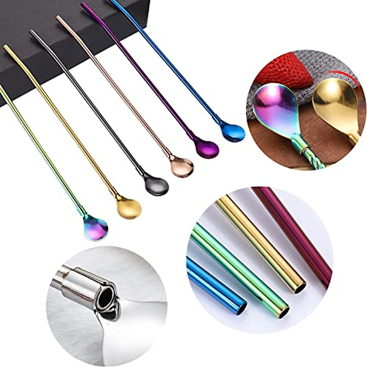 14Pcs Straws Spoon, BetterJonny Stainless Steel Drinking Spoon Straws 2 in 1 Long Handle Reusable Straws Spoon with 2 Cleaning Brushes for Latte Macchiato (7 Color)