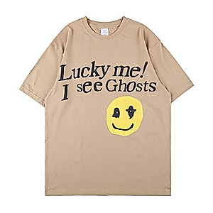 Men Lucky Me I See Ghosts Trendy Hip Hop Heavyweight Tshirts Letter Shirt Khaki