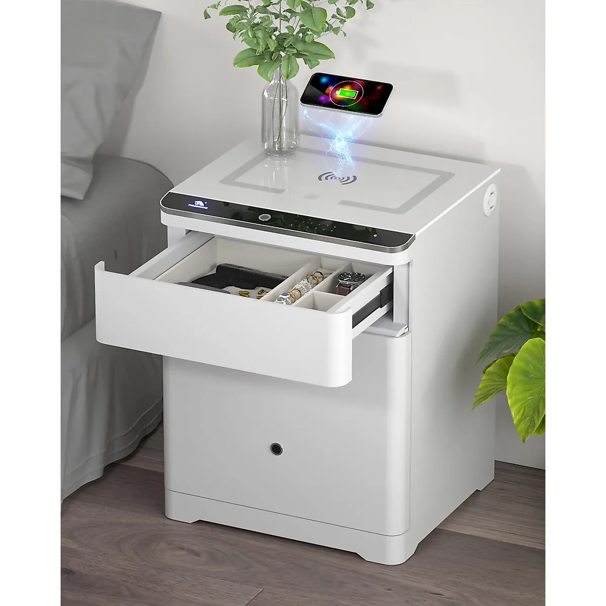TIGERKING 3-in-1 Biometric Heavy Nightstand Safe, Lockable Drawer Gun Safes with Wireless Charging Station, Home Safe Adjustable Lighting with USB & Type-C Port for Bedroom Office, White