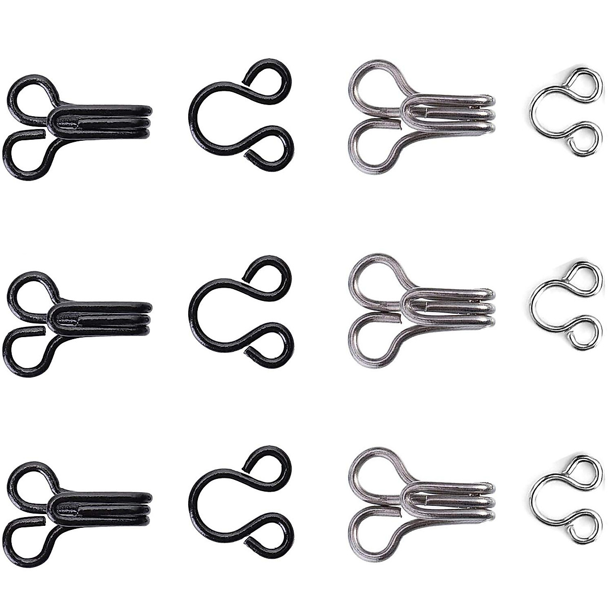 Willrain 60 Pairs Sewing Hooks and Eyes Closure for Bra Clothing Trousers Skirt DIY Craft,3 Sizes (Silver Black)