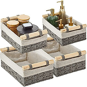 Set of 4 Round Paper Rope Storage Basket Grey Wicker Baskets with Handle Woven Bathroom Baskets for Toilet Paper Holder Basket Decorative Toilet Tank Storage Bin for Organization Organizing Organizer