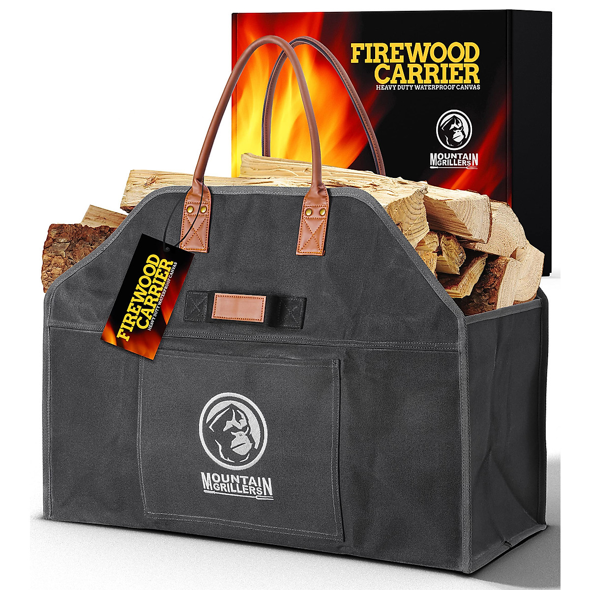 MOUNTAIN GRILLERS Heavy Duty Canvas Firewood Carrier - Features Reinforced Handles For Carrying Wood & Logs - Must Have Bag For Any BBQ Enthusiasts & Pit Masters