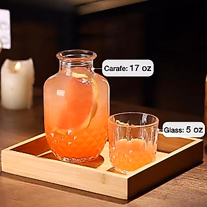 Bedside Water Carafe and Glass Set, Mfacoy 17 OZ Glass Pitcher & 5 OZ Cup, Bedside Night Carafe Pitcher and Water Glass Tumbler Set, Vintage Glass Water Pitcher with Cup Set for Bedroom