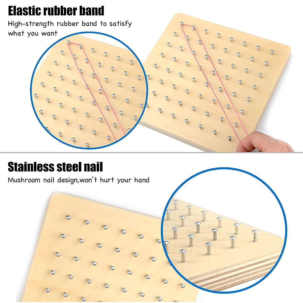 SGVV90 Wooden Geoboard,Mathematical Manipulative Material Array Block Geo Board with Pattern Cards and Rubber Bands to Create Figures and Shapes,Montessori Toy,Brain Teaser STEM Toy for Children Kids