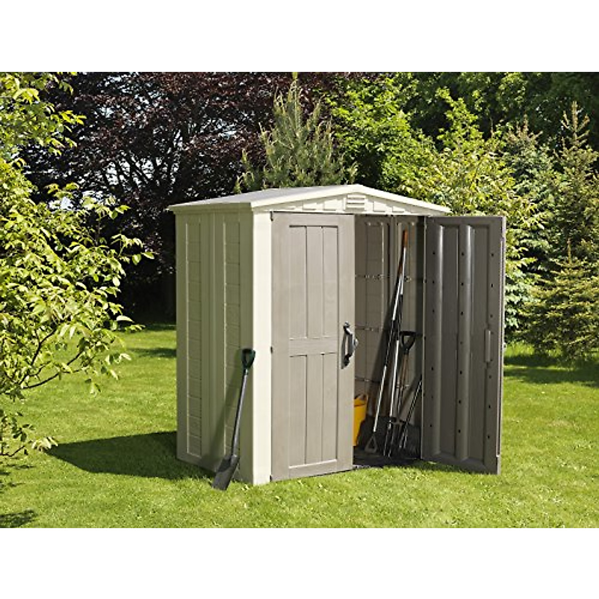 Keter Factor 6x3 Outdoor Storage Shed Kit-Perfect to Store Patio Furniture, Garden Tools Bike Accessories, Beach Chairs and Push Lawn Mower, Taupe & Brown