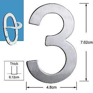 3 Inch House Numbers Sticker Stainless Steel, Self-Stick Metal Address Mailbox Number Satin Sign 3