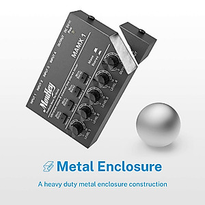 Moukey Mini Audio Mixer Line Mixer, DC 5V, 4-Stereo Ultra, Low-Noise 4-Channel for Sub-Mixing, for Small Clubs or Bars, As Guitars, Bass, Keyboards Mixer, 2021 New Version-MAMX1