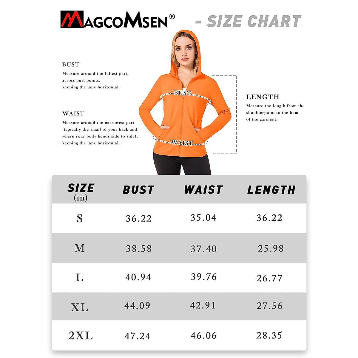 MAGCOMSEN Long Sleeve Hooded Jacket for Women SPF 50 Sun Shirt Performance Hoodie with Pockets Running Active Wear, Orange, L