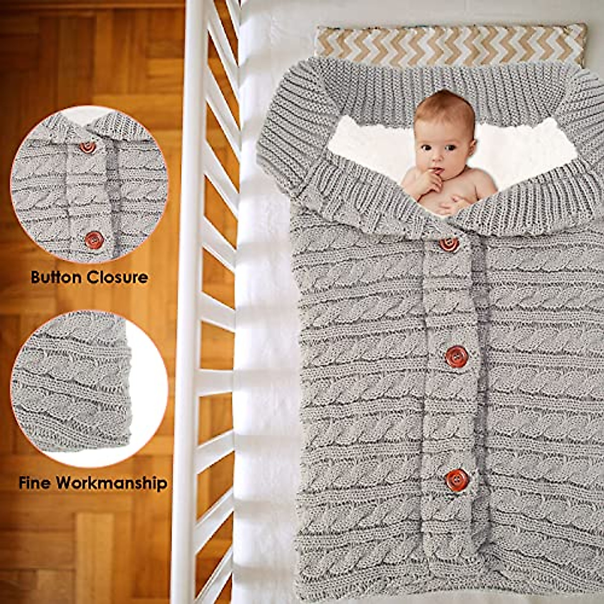 Newborn Baby Swaddle Blanket, Baby Kids Toddler Knit Soft Warm Fleece Blanket Swaddle Sleeping Bag Stroller Unisex Wrap for Boys Girls (Grey)
