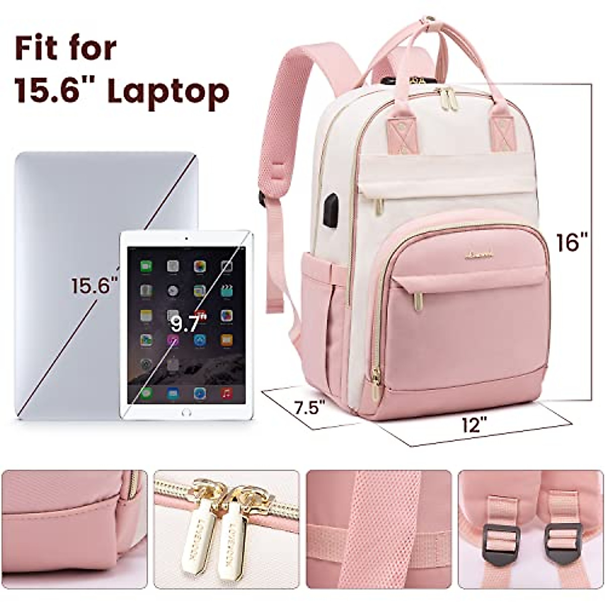 LOVEVOOK Laptop Backpack Women, Fits 15.6 Inch Laptop Bag, Fashion Travel Work Anti-theft Bag with Lock, Business Computer Waterproof Backpack Purse, University Backpacks, Beige-Pink-Pink