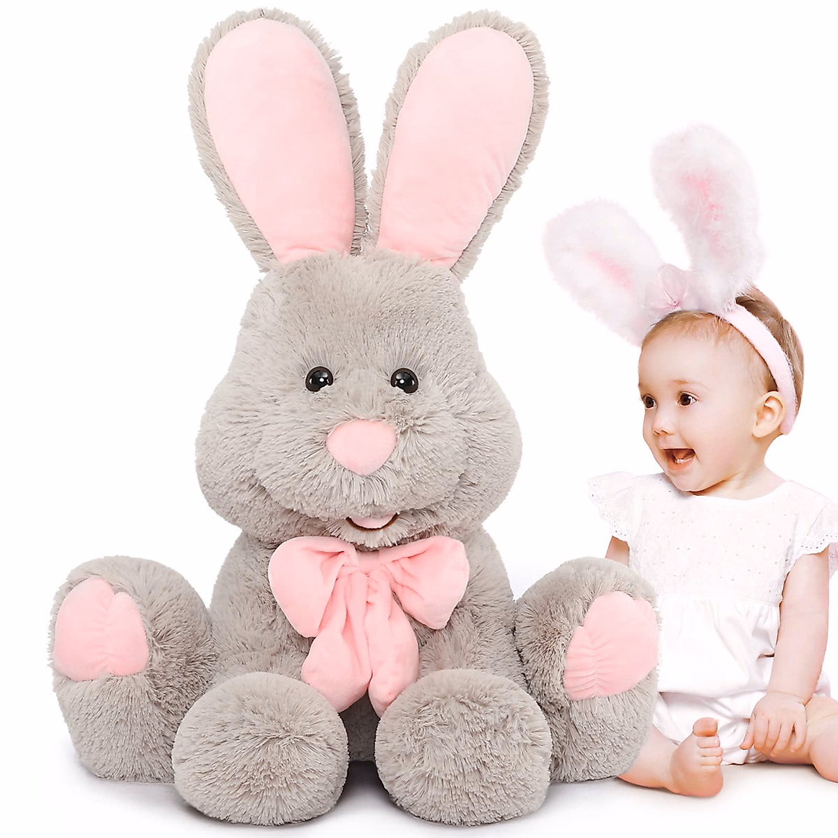 MorisMos Giant Bunny Stuffed Animal, 31.5'' Large Grey Rabbit Plush Toy with Pink Ears, Soft Toy for Girls/Boys, Ideal Gift for Easter, Halloween, Christmas, Cuddling, Snuggling