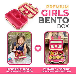 kinsho Bento Lunch Box for Kids Toddlers Girls, 4 Portion Sections Secure Lid, Microwave Safe BPA Free Removable Tray, Pre-School Kid Daycare Lunches Snack Container Ages 3 to 5, Cute Summer