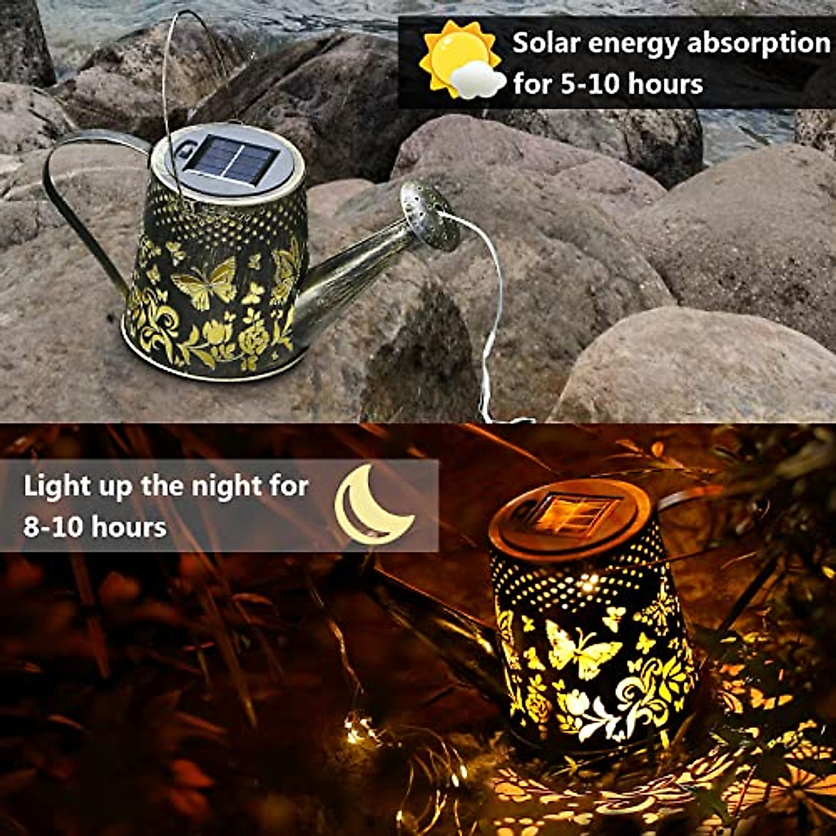 Watering Can with Lights, Solar Lights Outdoor Butterfly Art Garden Decor Hanging Metal Waterproof Solar Lanterns for Walkway Yard Pathway Patio Gardening Gift for Mom Grandma