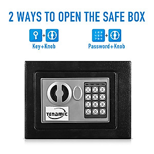 TENAMIC Safe Box 0.23 Cubic Feet Electronic Digital Security Box, Keypad Lock Box Cabinet Safes, Solid Alloy Steel Office Hotel Home Safe, Black