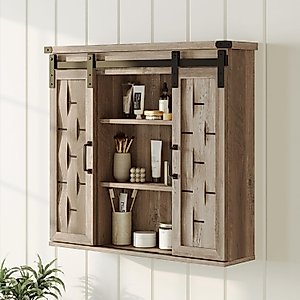 LINSY HOME Bathroom Wall Cabinet, 31“W Farmhouse Medicine Cabinet with Sliding Barn Door and Adjustable Shelves, Storage Cabinet Wall Mounted for Bathroom, Kitchen, Brown
