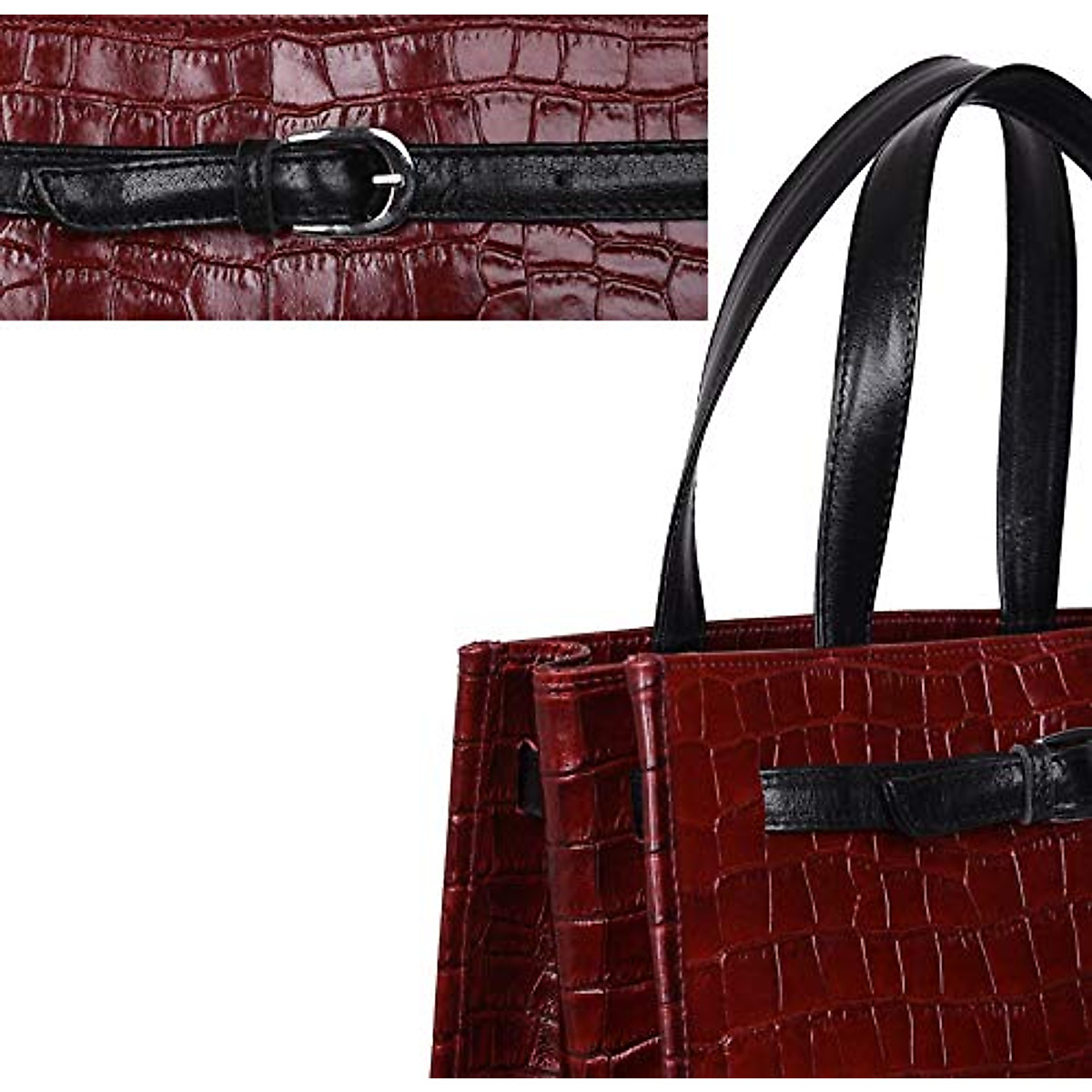 ANTONIO VALERIA Emma Dark Red Croco Print Premium Leather Top-Handle Tote for Women