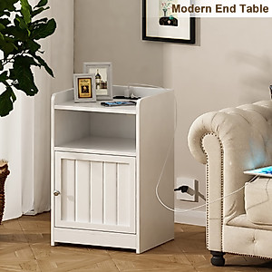 ChooChoo Nightstand with Charging Station, Night Stand with Cabinet and Open Storage, 2 AC and USB Power Outlets, Bed Side Table for Bedroom, White