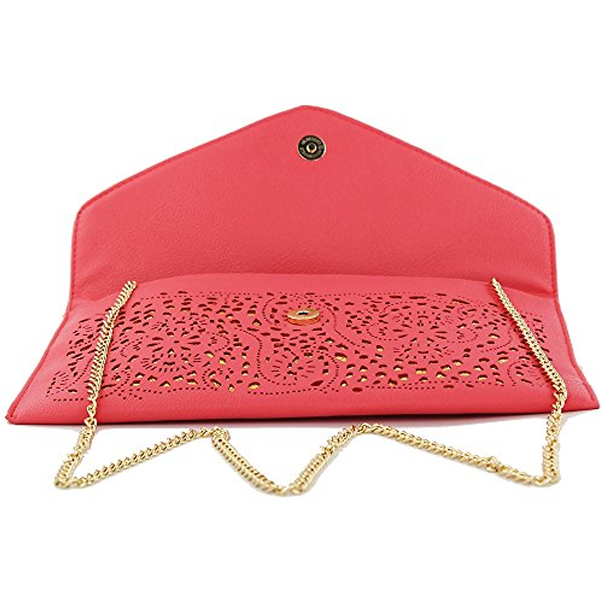 imentha Women Perforated Cut Out Pattern Gold Accent Background Chain Pouch Fashion Clutch Handbag Wedding Party Purses Envelope Evening Day Clutch Bag For Women Ladies (Watermelon Red)