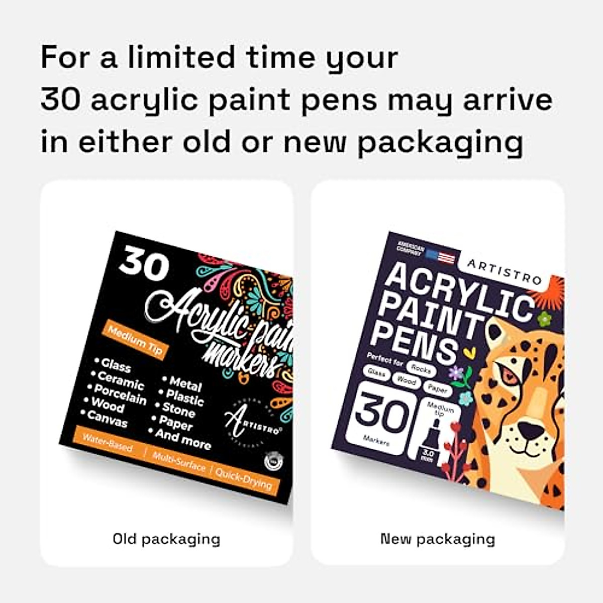 ARTISTRO Acrylic Paint Markers Pens – 30 Acrylic Paint Pens Medium Tip (3mm) - Great for Rock Painting, Wood, Fabric, Card, Paper, Ceramic & Glass - 28 Colors + Extra Black & White Paint Marker Set