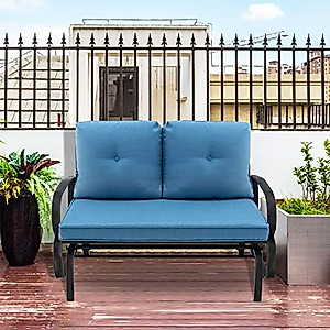 Tangkula 2-Person Outdoor Glider Bench, Swing Seat Bench with Seat & Back Cushions, Sturdy Rustproof Steel Frame, Smooth & Gentle Gliding Motion, Patio Rocking Loveseat for Backyard, Porch (Blue)