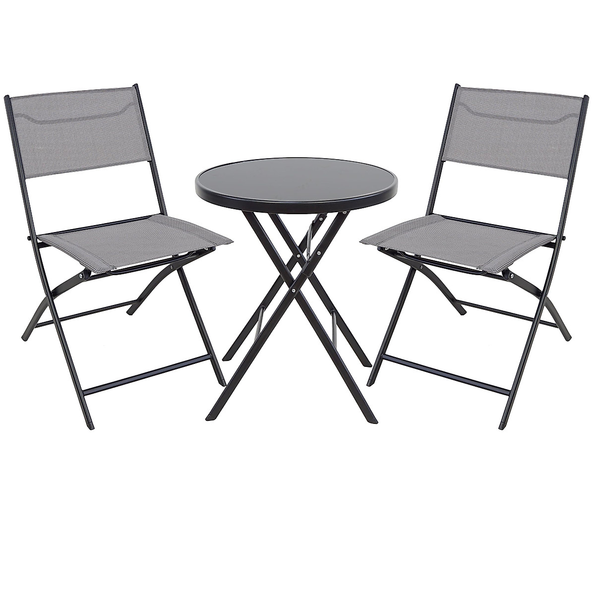 BTEXPERT 3-Piece Patio Bistro Dining Furniture Set Portable Folding Picnic Table Two Chairs Outdoor Foldable Gray for Backyard Porch Party RV Event Camping Commercial Grade Tempered Glass No Assembly