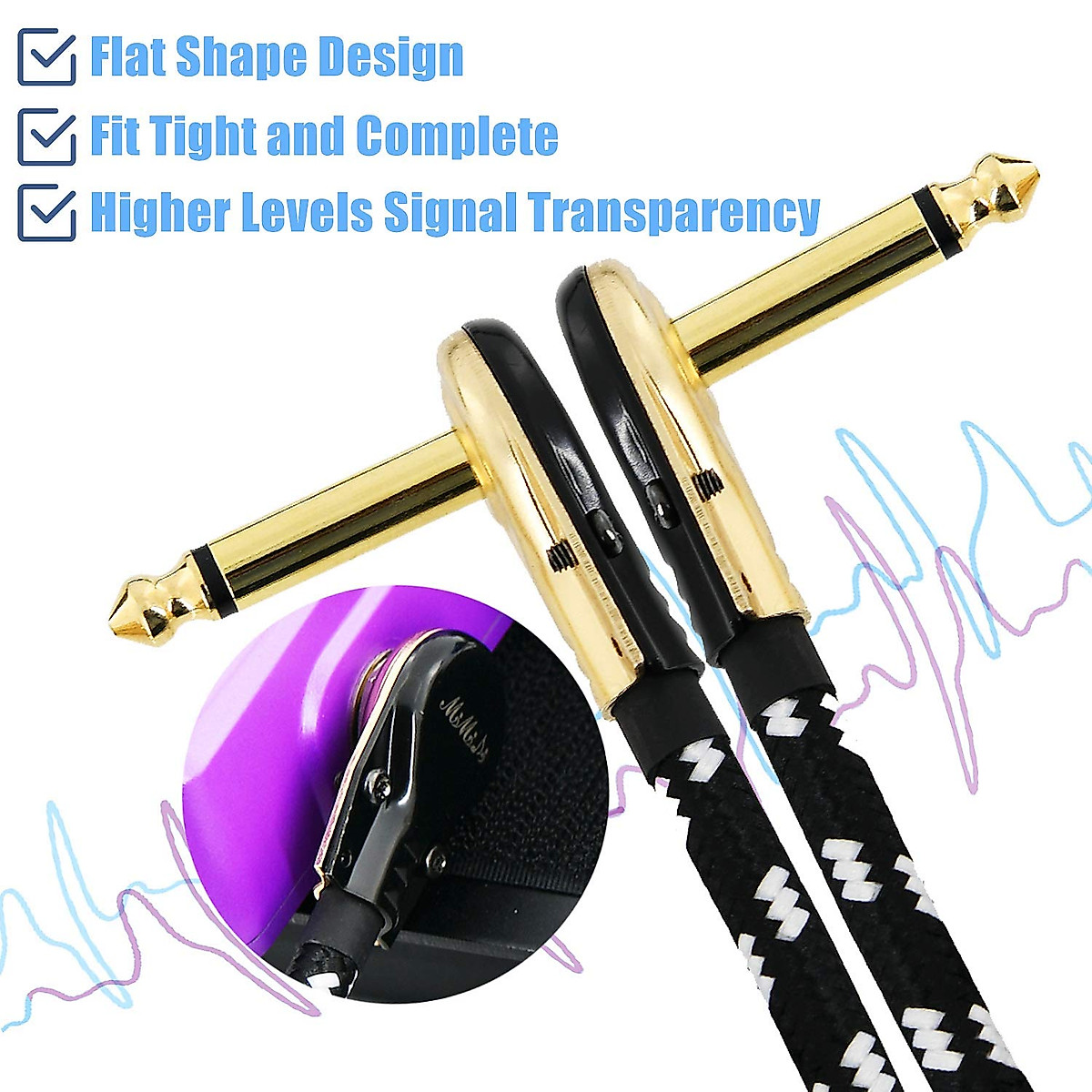 MIMIDI Guitar Patch Cables, 6 inch Tweed Flat Low Profile Pedal Cable 3-Pack, Low Noise 1/4 Inch Pancake Pedal Patch Cable for Instrument Effects and Pedal Boards (3 Pack Blackwhite)