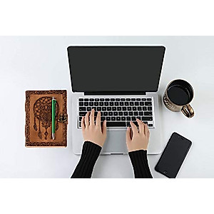 Leather Journal 7 x 5 Inch 220 Page Journal, Vintage Owl Embossed Blank Book, Sketchbook, Notebook Leather Journal (Handmade Unlined Paper) - Pocket style with Lock Closure for Men and Women (Vintage Tan - Plain Paper) (7 x 5 Inch, TC Leather)