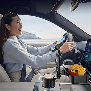 Car Cup Holder Tray with Phone Mount, 4 in 1 Detachable Car Cup Holder Food Tray Expander with Solid Base, Two Cup Holders, Food Tray and Phone Mount, Road Trip Essentials for iPhone 15 and Smartphone