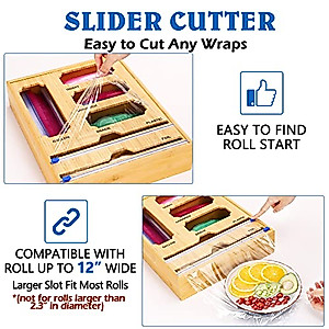 Ziplock Bag Storage Organizer and Wrap Dispenser with Cutter, Bamboo Baggie Organizer and Wrap Holder for Kitchen Drawer, Compatible with Ziploc, Gallon,Quart,Sandwich Bag & Aluminum Foil Plastic Wax