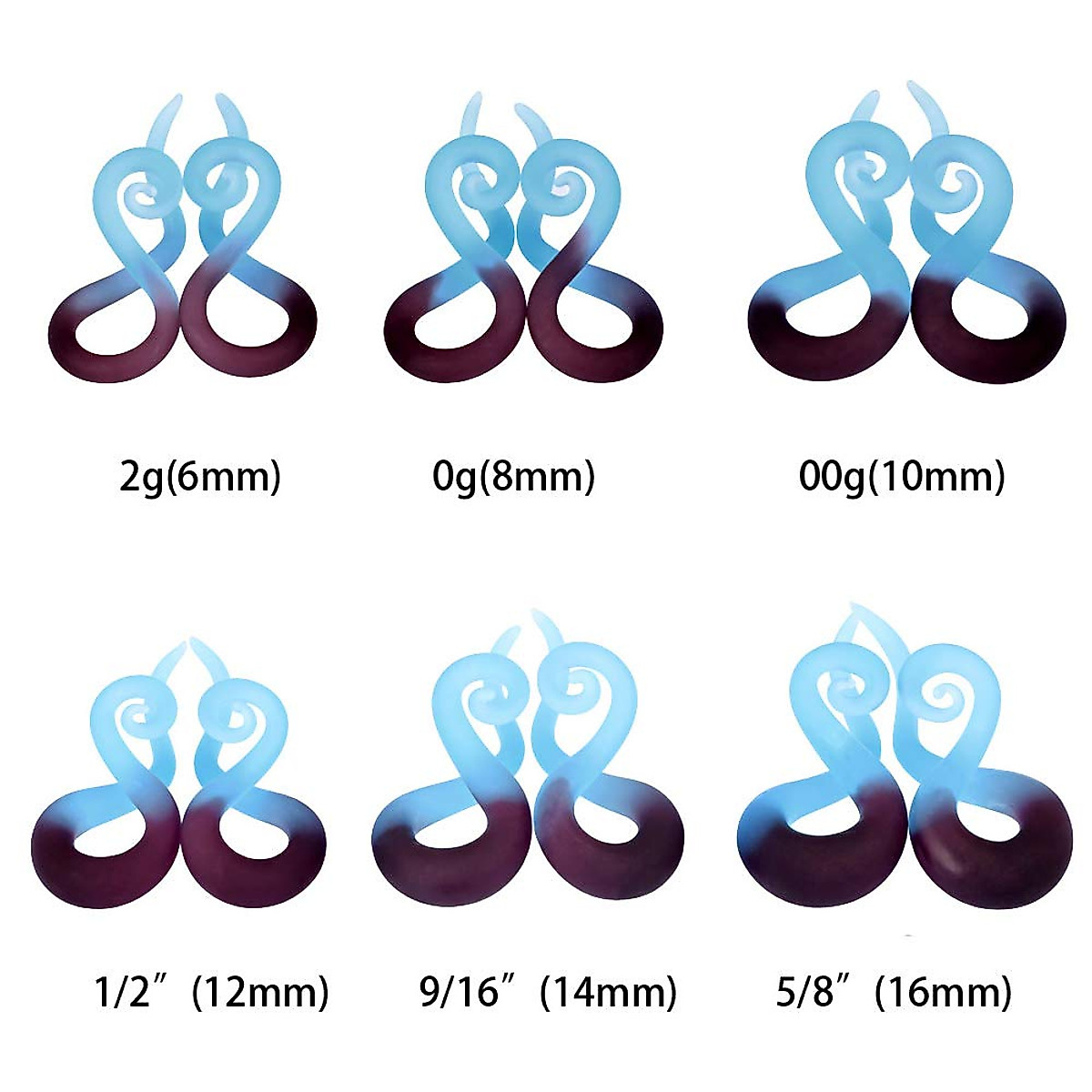 Qmcandy 2pcs Glass Spiral Tapers Plugs Twist Stretchers Earrings Stretching Piercings Jewelry Gauges 0g, blue purple