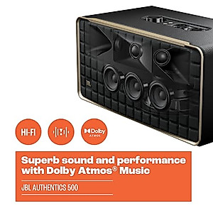 JBL Authentics 500 - Retro Style Home Speaker with Bluetooth, Voice Control, and Dolby Atmos, Multi Room Playback, Built in Alexa and Google Assistant, Automatic self tuning