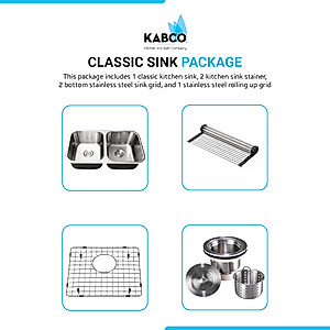 KABCO 32 Inch Big Double Equal Bowl Stainless Steel Classic Kitchen Sink, Rust Sound and Heatproof Undermount Sink with Sink Strainers, Removable Baskets, Sink Grids, and a Rolling Up Grid