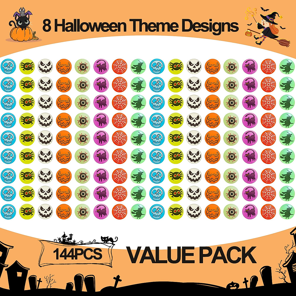 Taocco 144 Pieces Halloween Bouncing Balls,8 Halloween Theme Designs Glow in The Dark Bouncy Toys Balls,Halloween Party Favor Supplies,Classroom Rewards,Trick or Treat Party Bag Filler