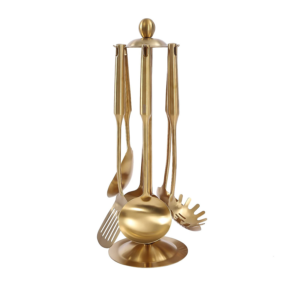 Gold Kitchen Utensils Set - 7 PC 304 Stainless Steel Cooking Tools - Slotted Spoon, Work Spatula, Soup Ladle, Large Rice Spoon, Slotted Spatula, Spaghetti Server, Utensil Holder