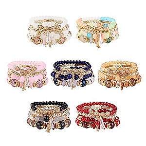 YADOCA 7 Sets Bohemian Stackable Beaded Bracelets for Women Men Boho Stretch Multilayered Bead Bangles Bracelet Set with Charm Multicolor Statement Jewelry