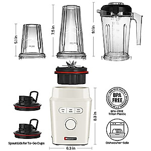 Hauswirt Smoothie Blender for Kitchen,1200W Professional Countertop Blender for Shakes and Smoothies, 3 Presets with 15 Speeds for Ice Crushing and Frozen Fruit Drinks, Tritan BPA-Free 51 Oz Jar, 25 oz & 16 oz to-go Cups, Easy Cleaning Detachable Blades B
